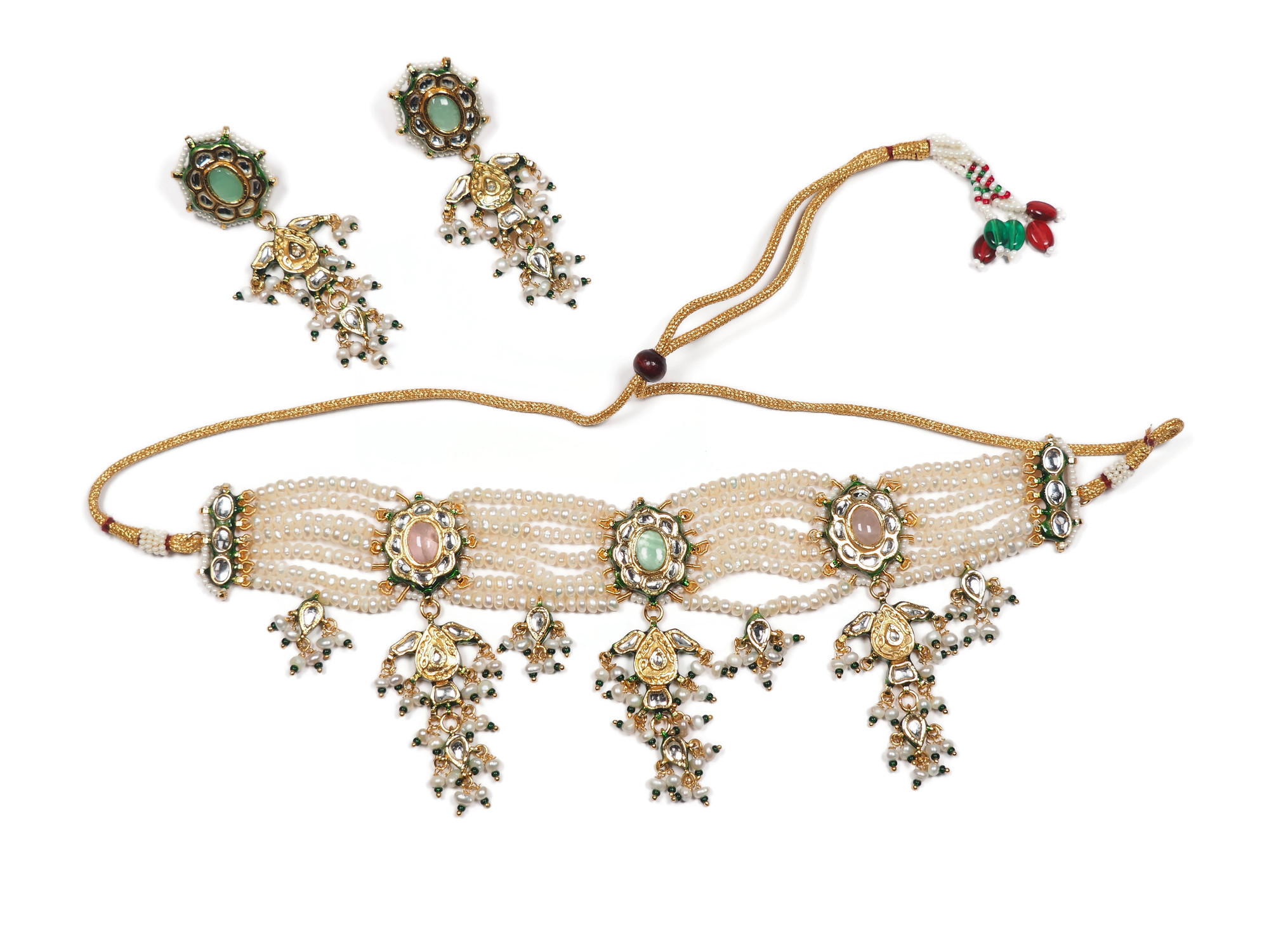 Gold Light Green, Light Pink, and Pearl Bead Set - Deeya Jewellery