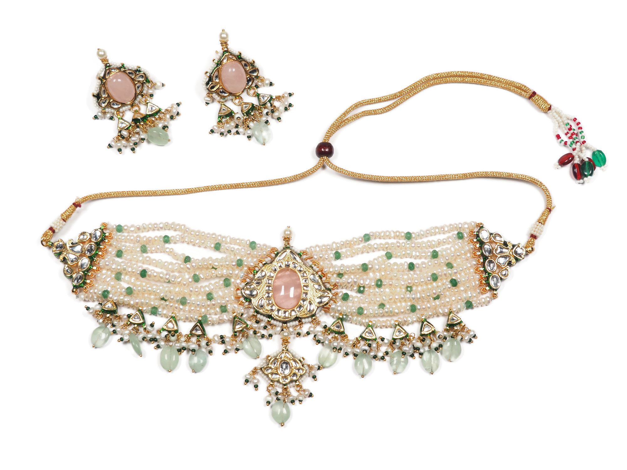 Gold Light Pink, Green and Light Green Bead Set - Deeya Jewellery